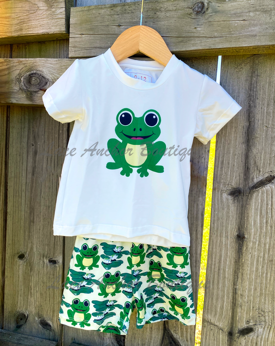 Boys Original Custom Green and White Frog Print Design Tee & Short Set ...